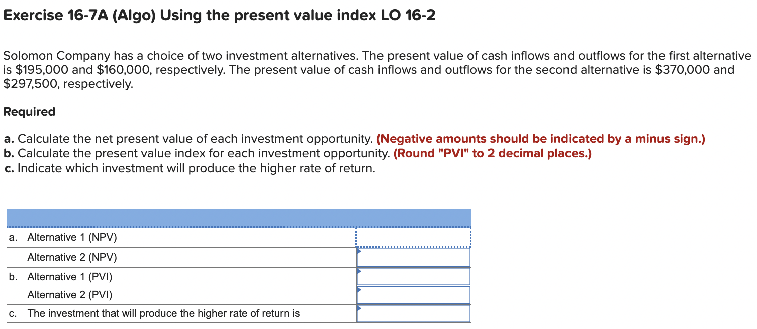 Solved Exercise 16-7A (Algo) Using the present value index | Chegg.com