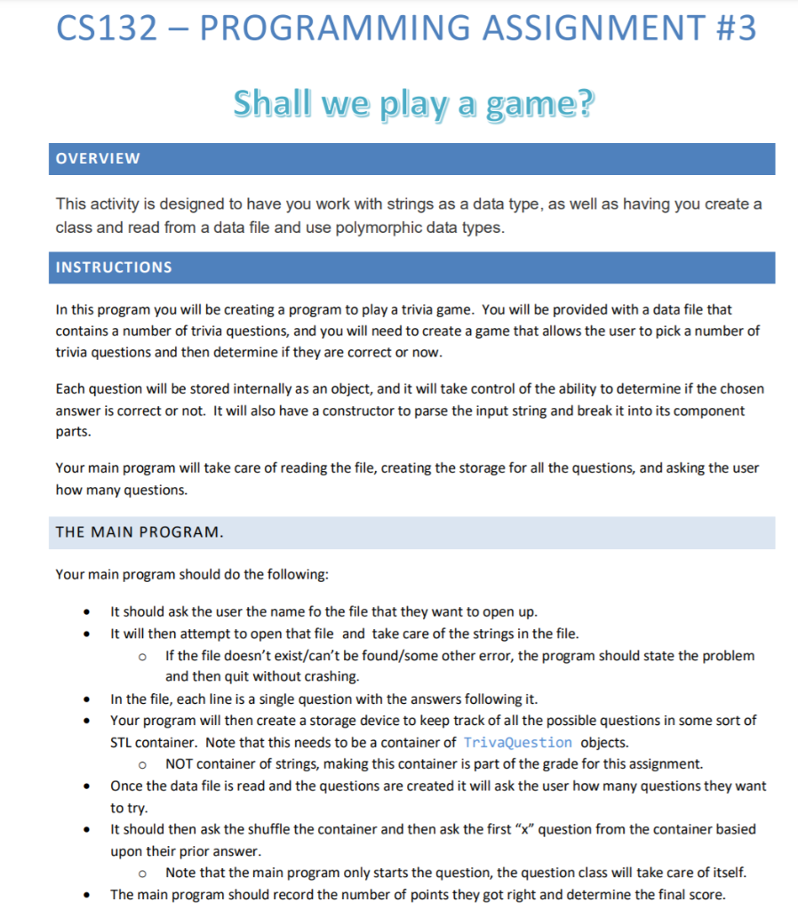 Solved CS132 - PROGRAMMING ASSIGNMENT #3 Shall we play a | Chegg.com
