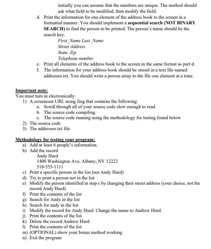 Purpose: Write a program that maintains an Address | Chegg.com
