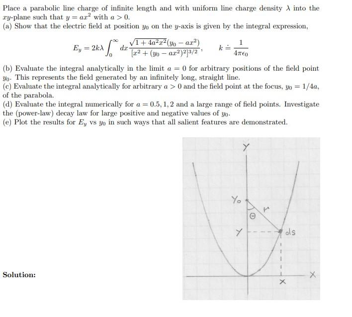 Place a parabolic line charge of infinite length and | Chegg.com