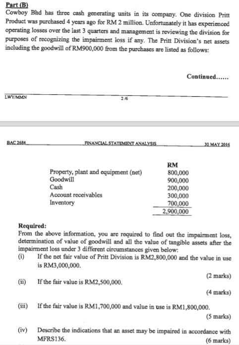 Solved Part (B) Cowboy Bhd has three cash generating units | Chegg.com