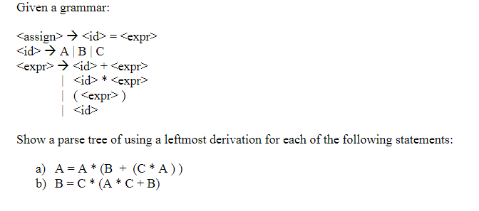 Solved Given a grammar: > = → ABC + | * expr> I () Show | Chegg.com