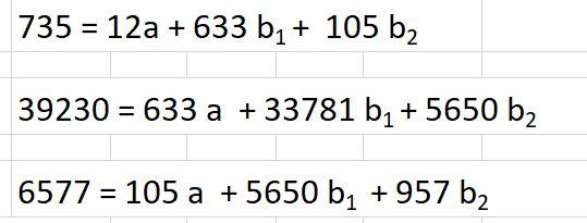 Solved 735=12a+633b1+105b2 39230=633a+33781b1+5650b2 | Chegg.com