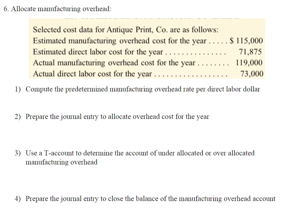 Solved 6. Allocate manufacturing overhead: 1) Compute the | Chegg.com