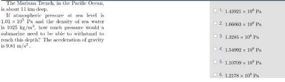 Solved 1.1.43921 x 10 Pa The Mariana Trench, in the Pacific | Chegg.com