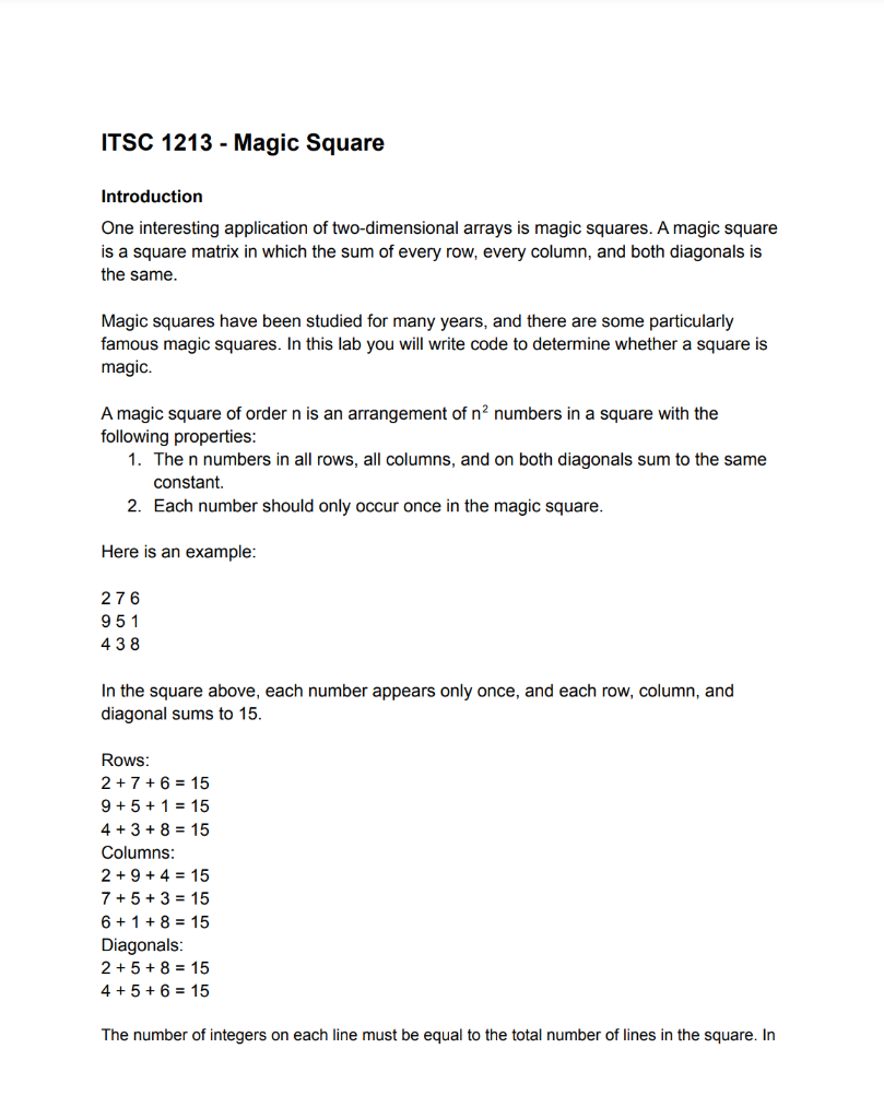 Solved ITSC 1213 - Magic Square >> PLEASE ANSWER ALL PARTS | Chegg.com