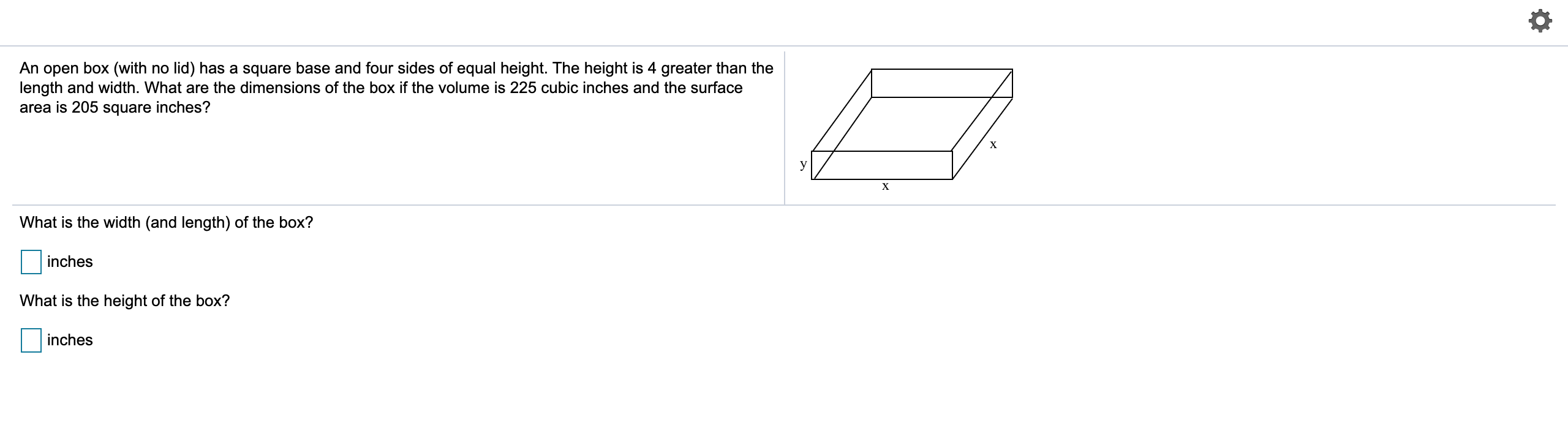Solved An open box (with no lid) has a square base and four | Chegg.com