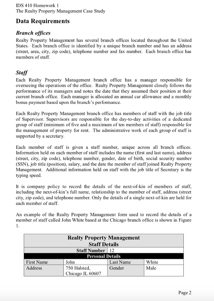 IDS 410 Homework I The Realty Property Management | Chegg.com
