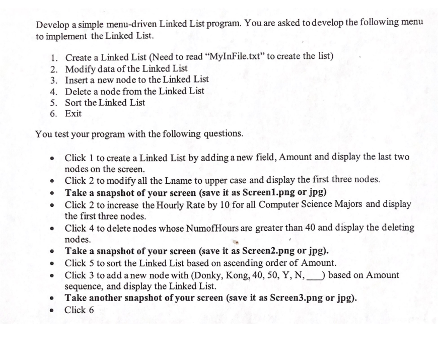 Solved Develop a simple menu-driven Linked List program. You | Chegg.com