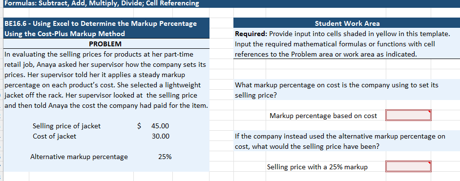 Solved Formulas: Subtract, Add, Multiply, Divide; Cell | Chegg.com