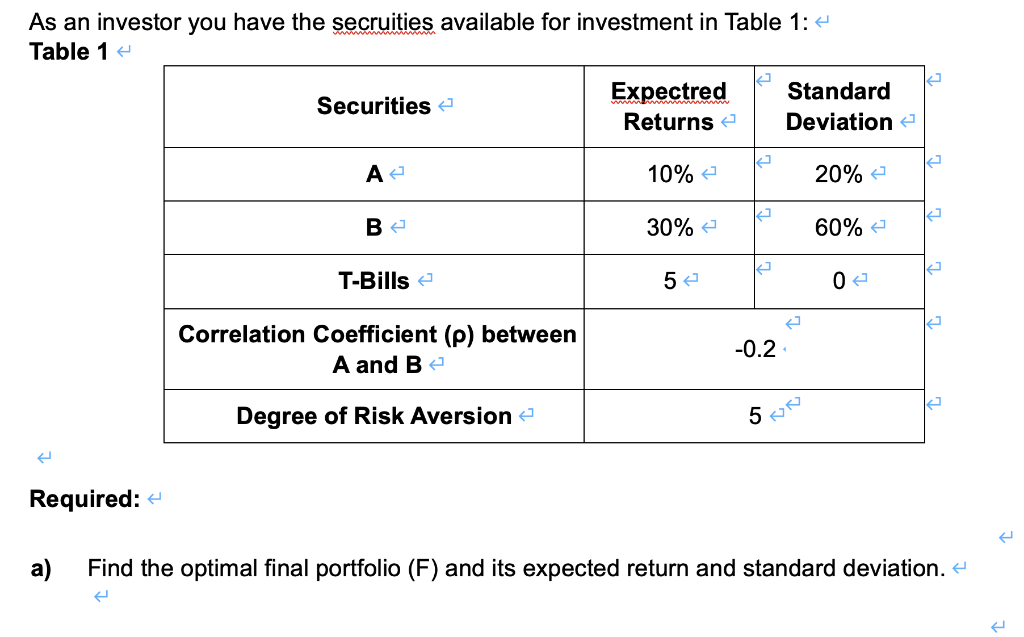 Solved As an investor you have the secruities available for | Chegg.com