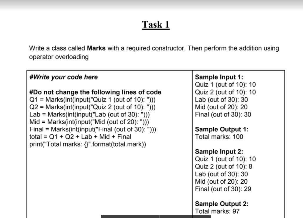 Solved Task 1 Write a class called Marks with a required | Chegg.com
