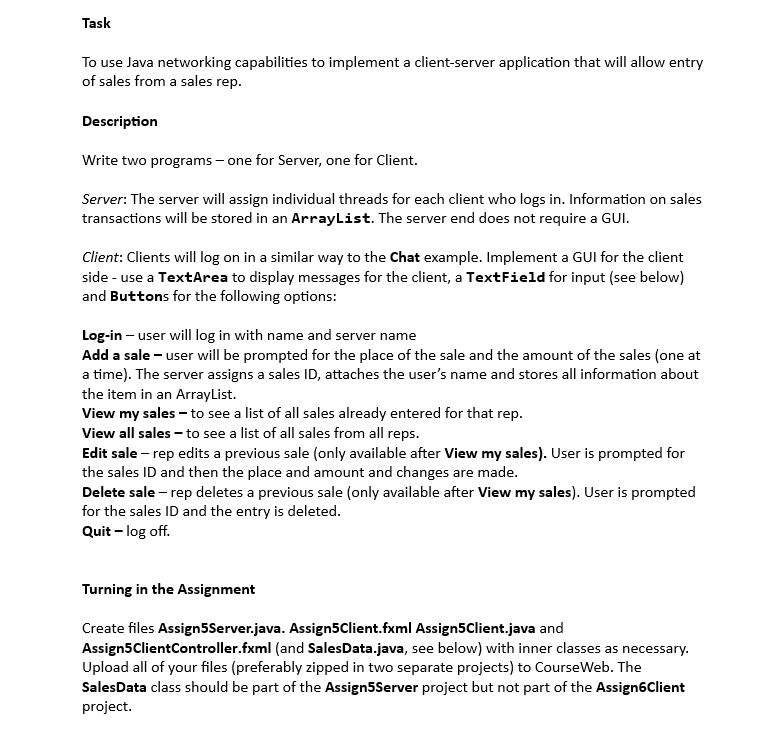 Task To use Java networking capabilities to implement | Chegg.com