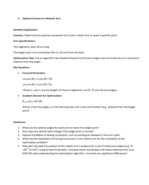 Solved Optimal Control of a Robotic ArmDetailed | Chegg.com