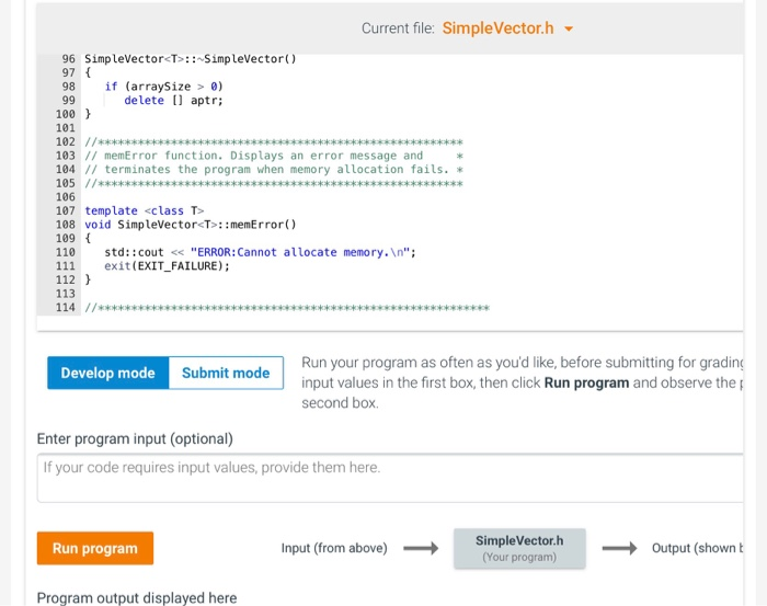 Solved Current file: SimpleVector.h 1 //Simple vector class | Chegg.com