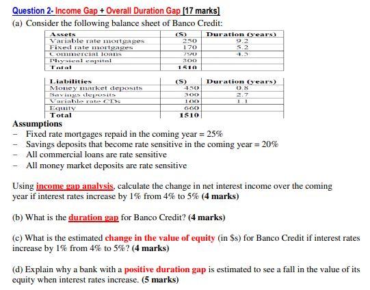 Question 2- Income Gap + Overall Duration Gap [17 | Chegg.com