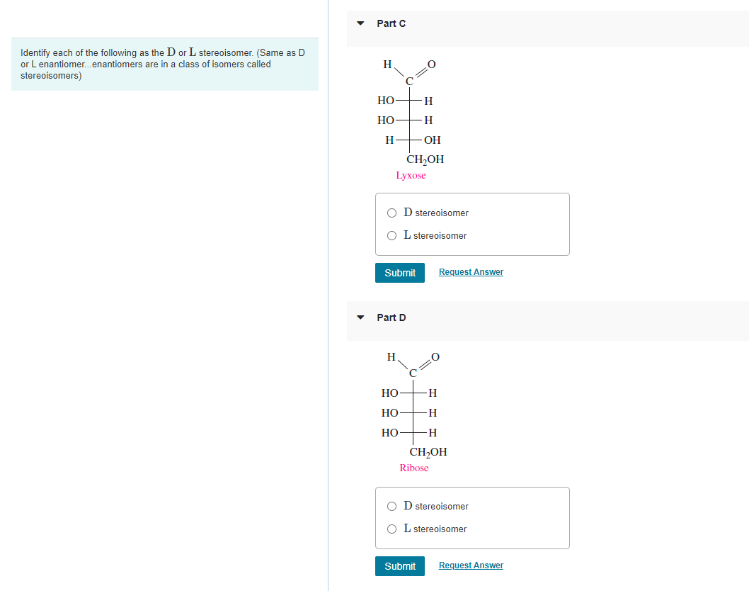 Solved Part C Identify each of the following as the D or L | Chegg.com