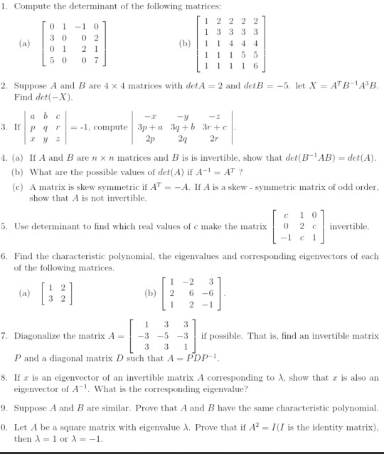 Solved 1. Compute the determinant of the following matrices: | Chegg.com