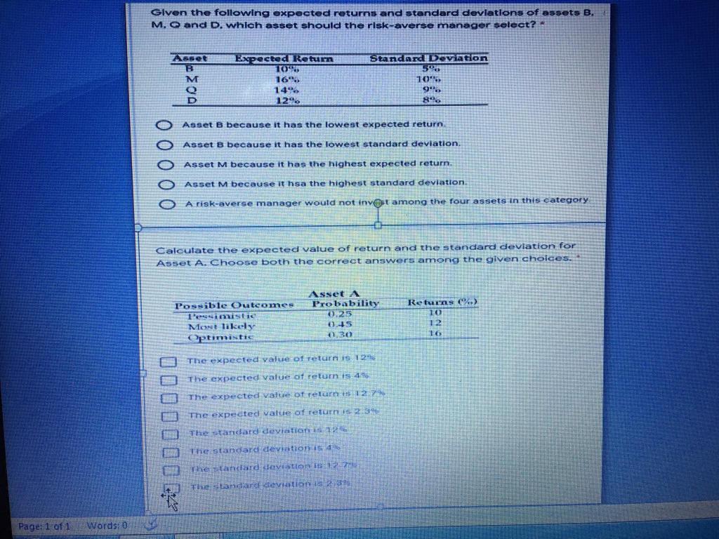 Solved Given the following expected returns and standard | Chegg.com