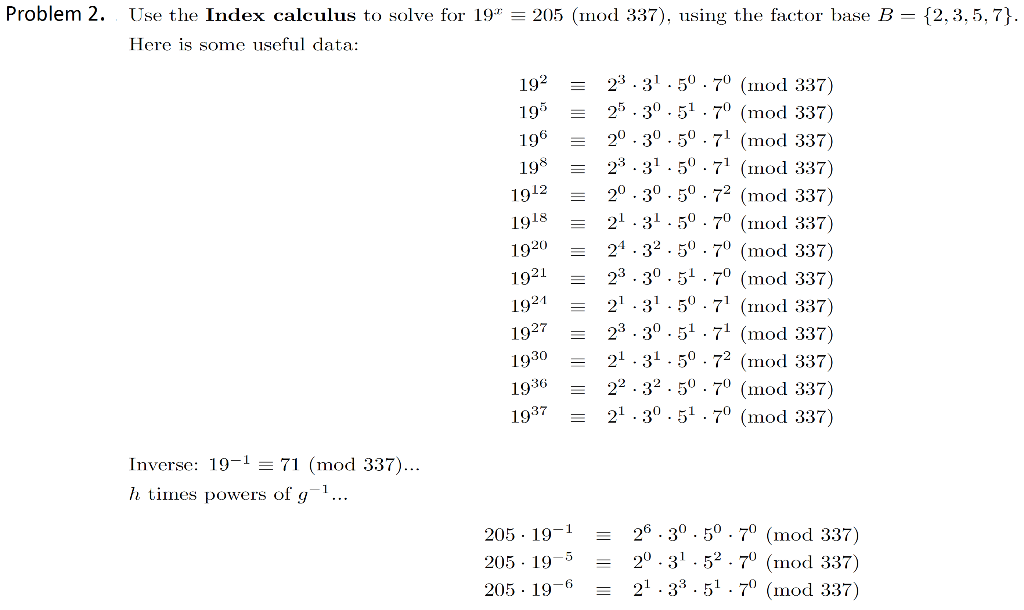 Solved Problem 2. Use the Index calculus to solve for 19.5 = | Chegg.com