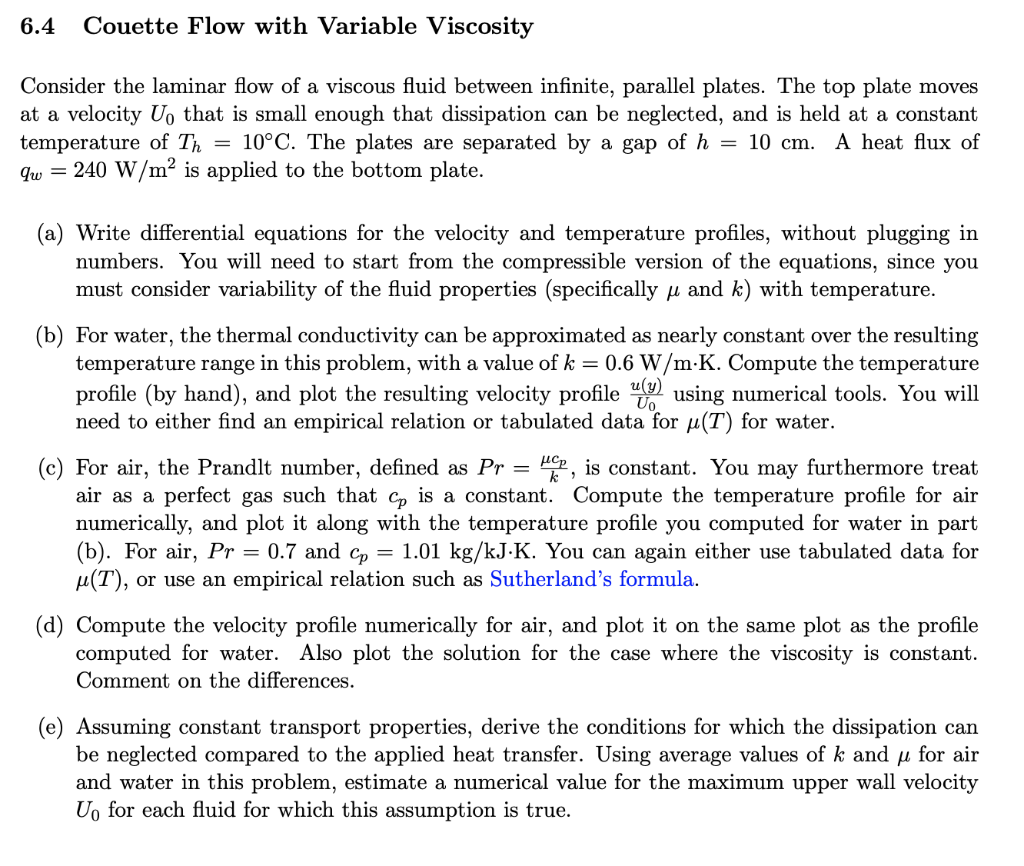 6.4 Couette Flow with Variable Viscosity Consider the | Chegg.com
