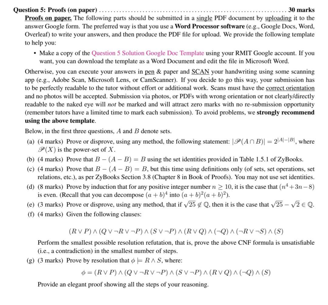 Solved Question 5: Proofs (on paper) 30 marks Proofs on | Chegg.com