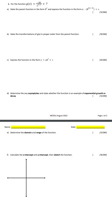 Solved 1. For the function g(x)=25c+5−28+7 a) State the | Chegg.com