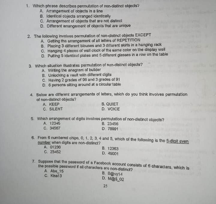 Solved 1. Which phrase describes permutation of non-distinct | Chegg.com