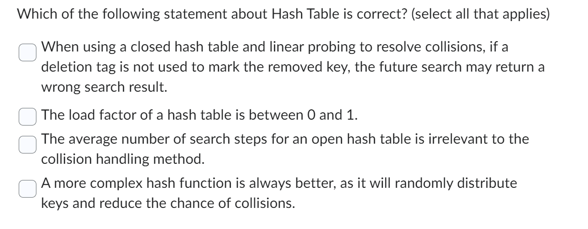 Solved Which of the following statement about Hash Table is | Chegg.com