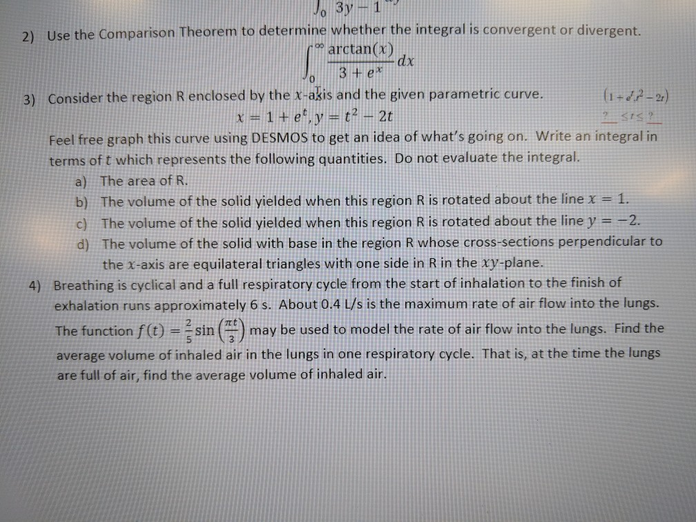 Solved Jo 3y-1 2) Use the Comparison Theorem to determine | Chegg.com