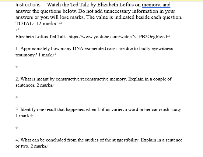 Solved Instructions: Watch the Ted Talk by Elizabeth Loftus | Chegg.com