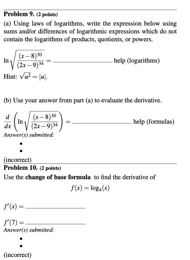 Solved Problem 9. (2 points) (a) Using laws of logarithms, | Chegg.com