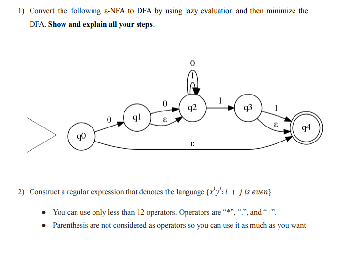 Solved 1) Convert the following e-NFA to DFA by using lazy | Chegg.com