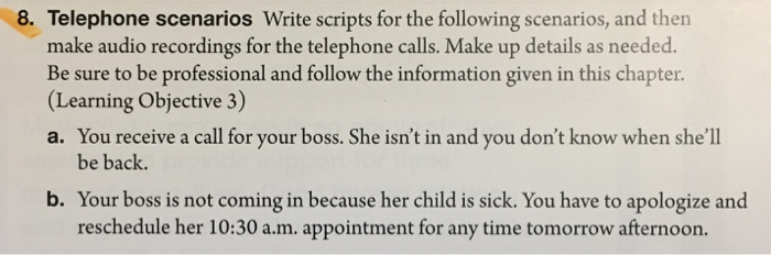 Solved 8. Telephone scenarios Write scripts for the | Chegg.com