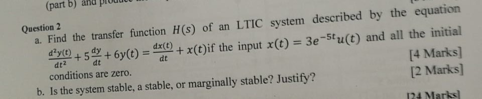 Solved Question 2 a. Find the transfer function H(s) of an | Chegg.com