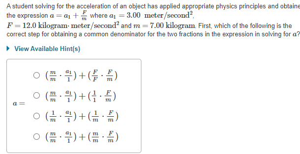 Solved A student solving for the acceleration of an object | Chegg.com