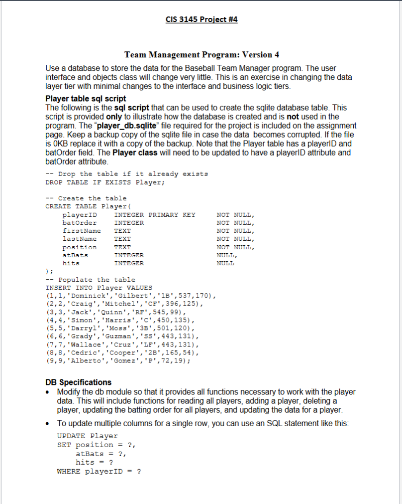 Solved CIS 3145 ﻿Project \#4Team Management Program: Version | Chegg.com