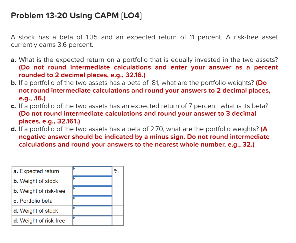 Solved Problem 13-20 Using CAPM (L04] A stock has a beta of | Chegg.com