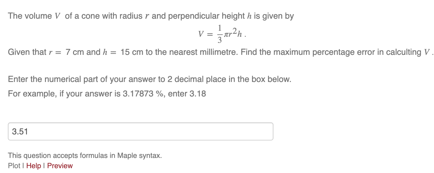 Solved The volume V of a cone with radius r and | Chegg.com