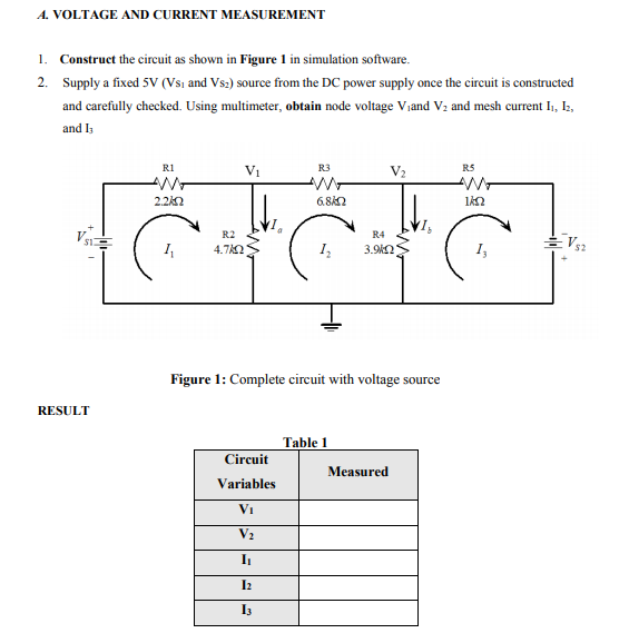 Solved A. VOLTAGE AND CURRENT MEASUREMENT 1. Construct the | Chegg.com