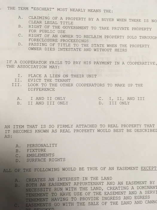 Solved THE TERM "ESCHEAT" MOST NEARLY MEANS THE: A. CLAIMING | Chegg.com