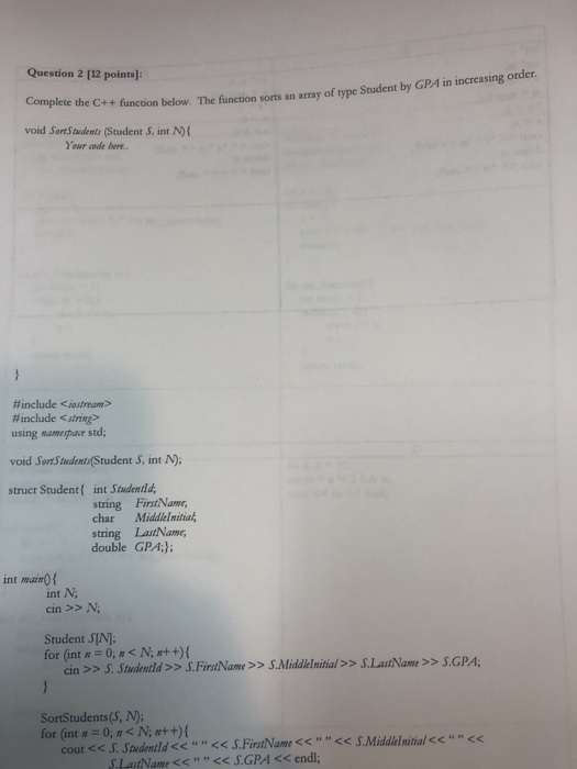 Solved Question 2 [12 points]: Complete the C++ function | Chegg.com