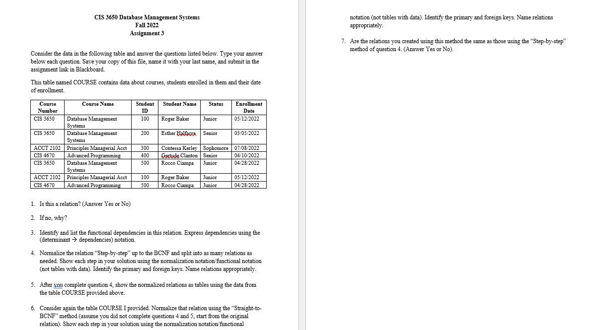 Solved CIS 3650 Database Management Systems notation (not | Chegg.com
