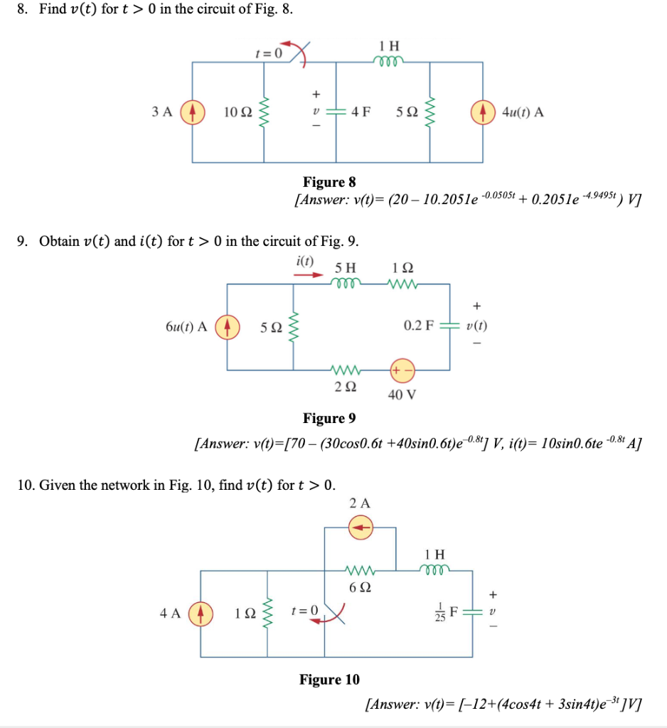 Solved 8. Find v(t) for t > 0 in the circuit of Fig. 8. 1 Η | Chegg.com