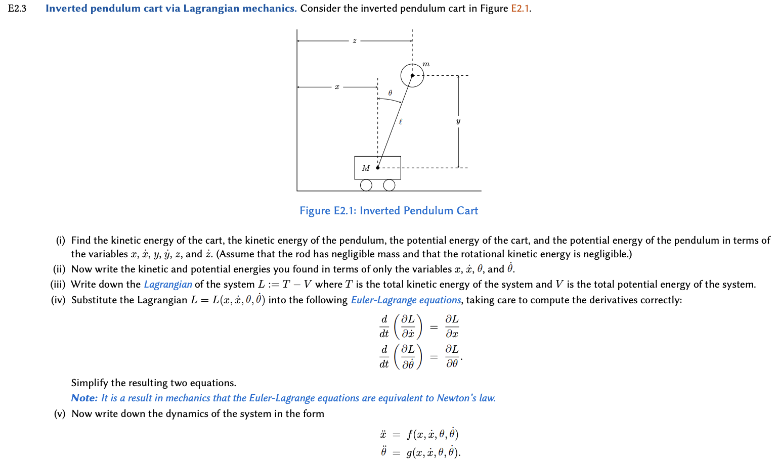 Solved Figure E2.1: Inverted Pendulum Cart (i) Find the | Chegg.com