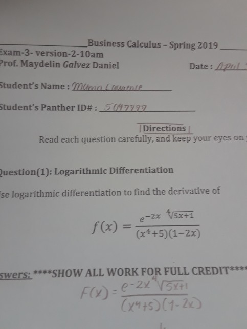 Solved Business Calculus-Spring 2019 xam-3- version-2-10am | Chegg.com