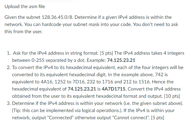 Solved Upload the asm file Given the subnet 128.36.45.0/8. | Chegg.com