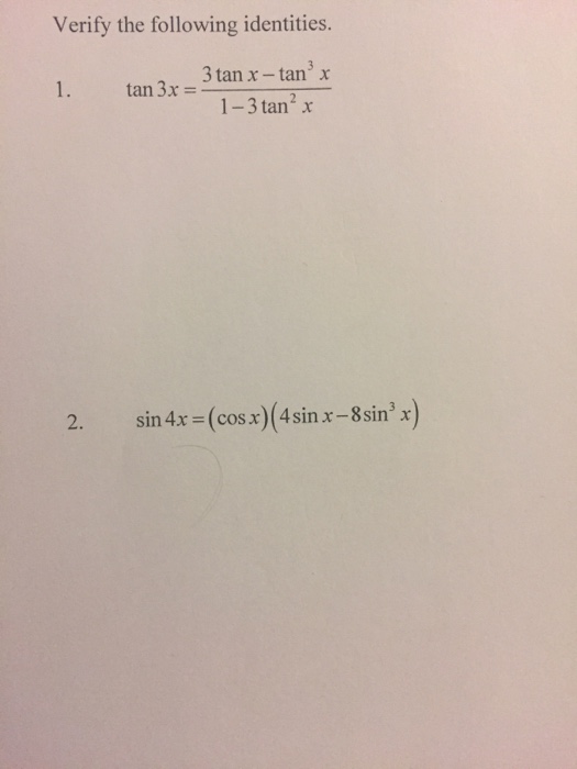 Solved Verify the following identities. 3 tan x- tan3x 1-3 | Chegg.com