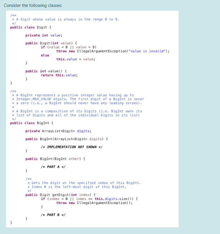 Solved Consider the following classes: * A digit whose value | Chegg.com