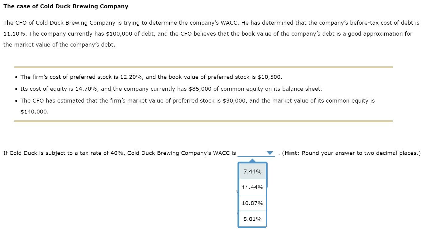 Solved The case of Cold Duck Brewing Company The CFO of Cold | Chegg.com